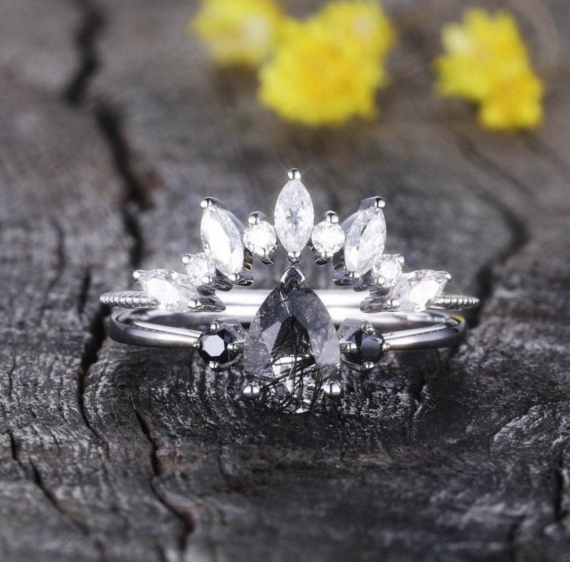 Dual Ring Set,black Rutile Wedding Ring Set,handmade CZ Jewelry ...