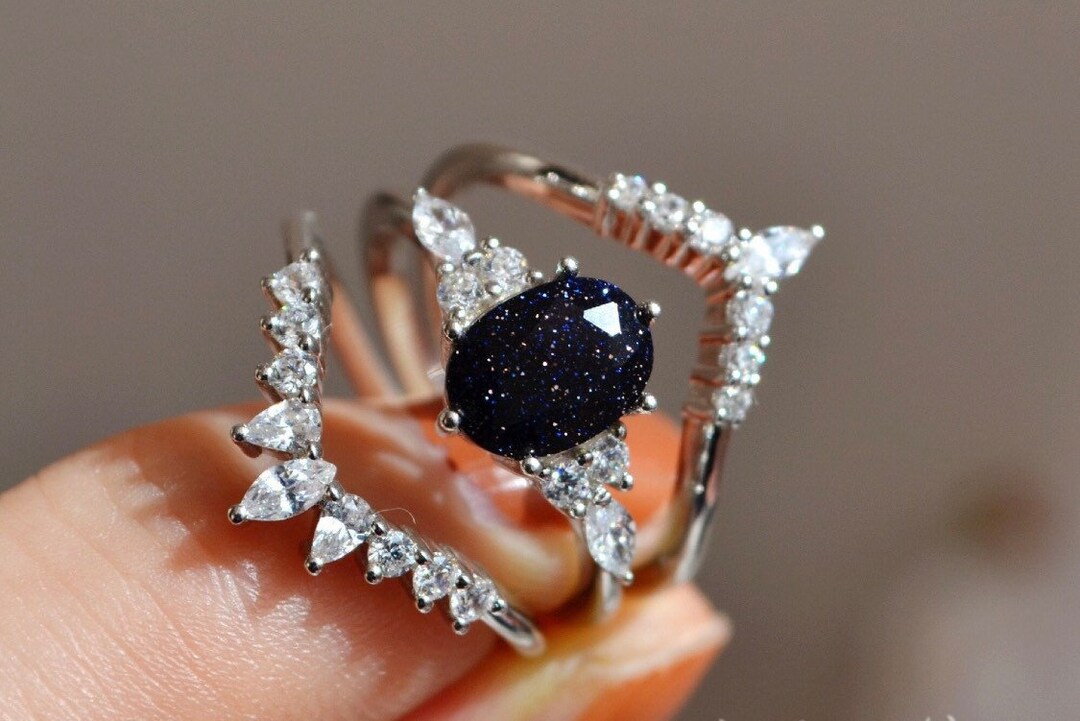 Blue Sandstone Engagement Ring Triple Ring Set Gemstone Ring Blue ...