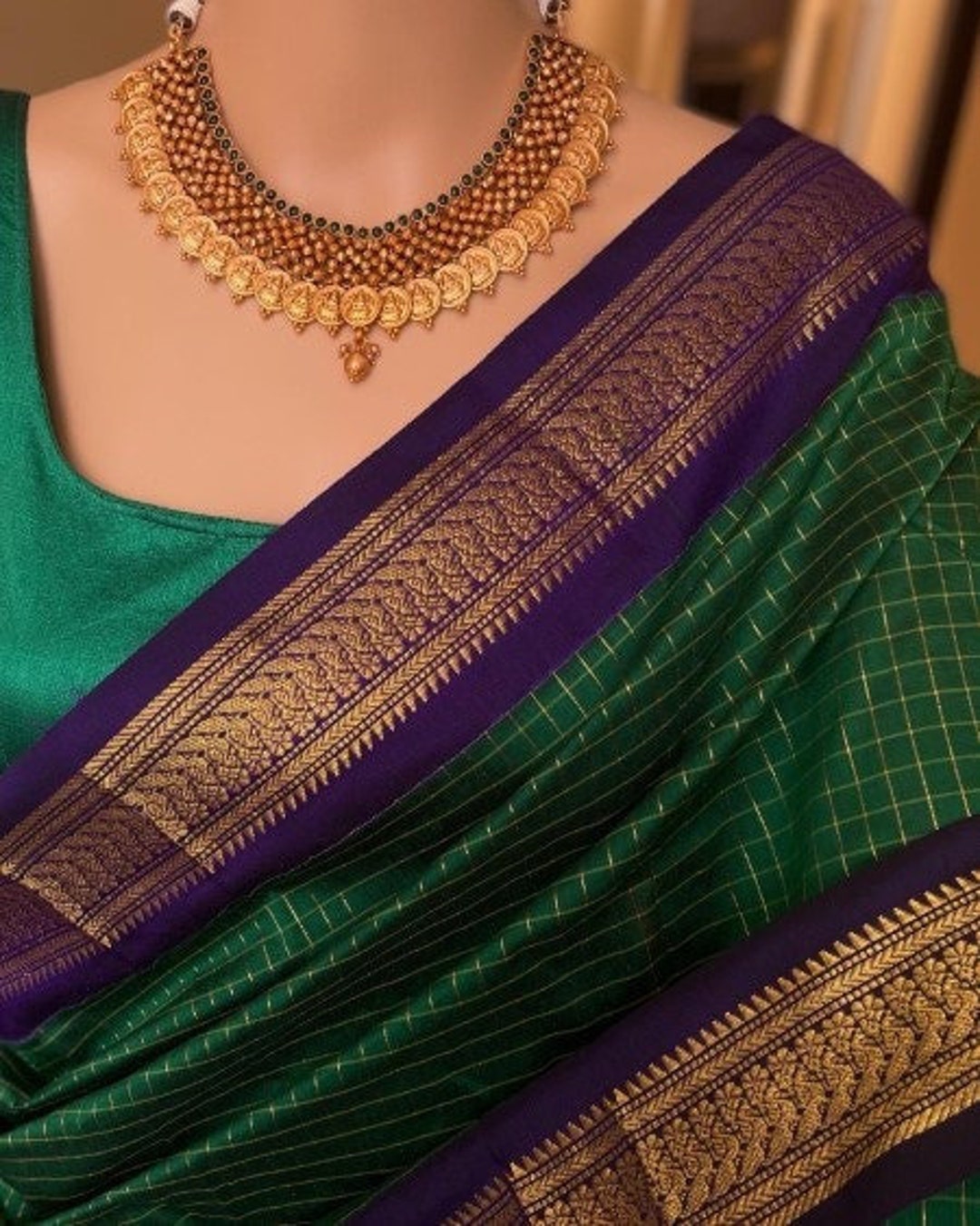 NEW ARRIVAL Forest Green Traditional Silk Cotton Saree With Checks ...