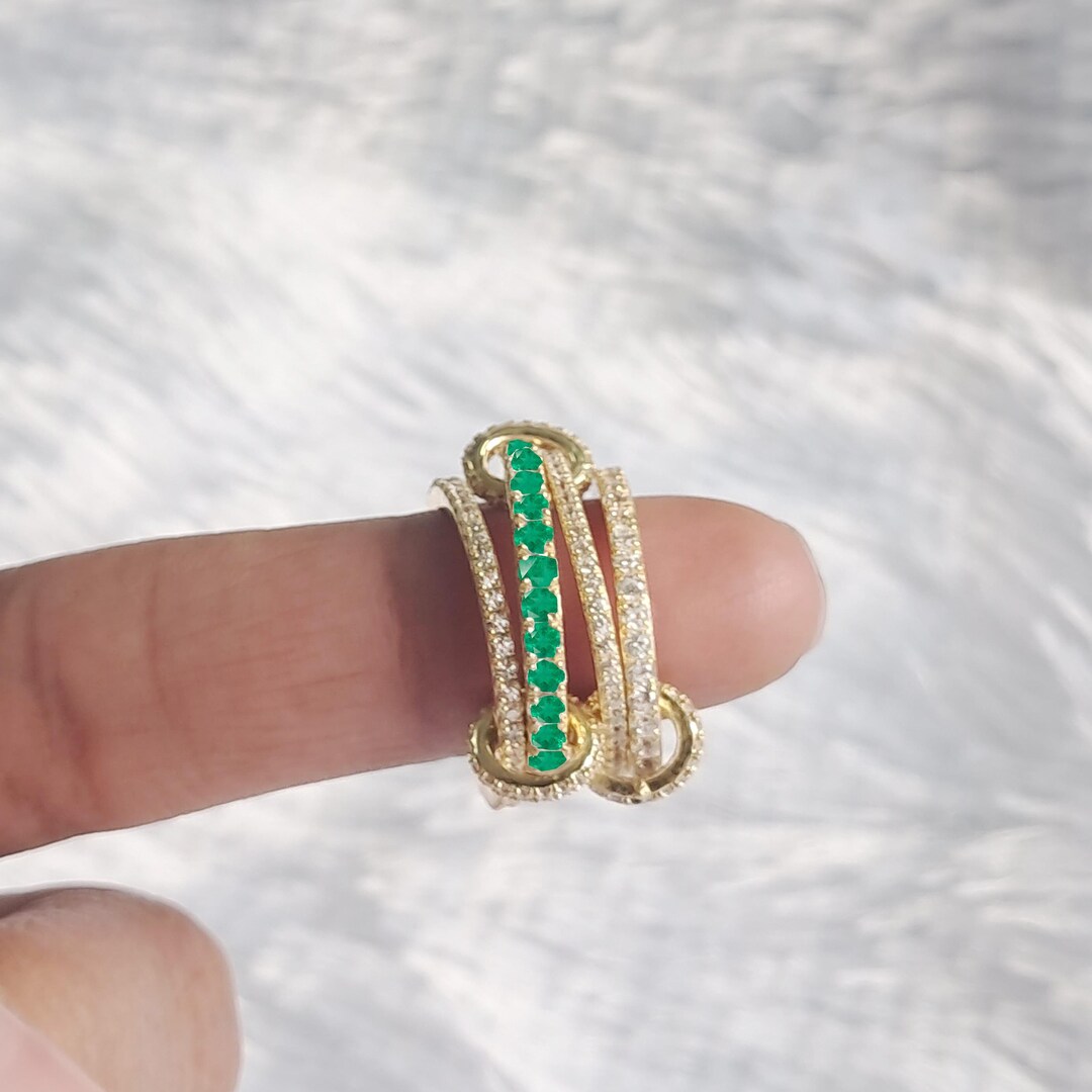 Emerald Interlocking Band, Diamond Band, Green Emerald Jewelry, Silver ...