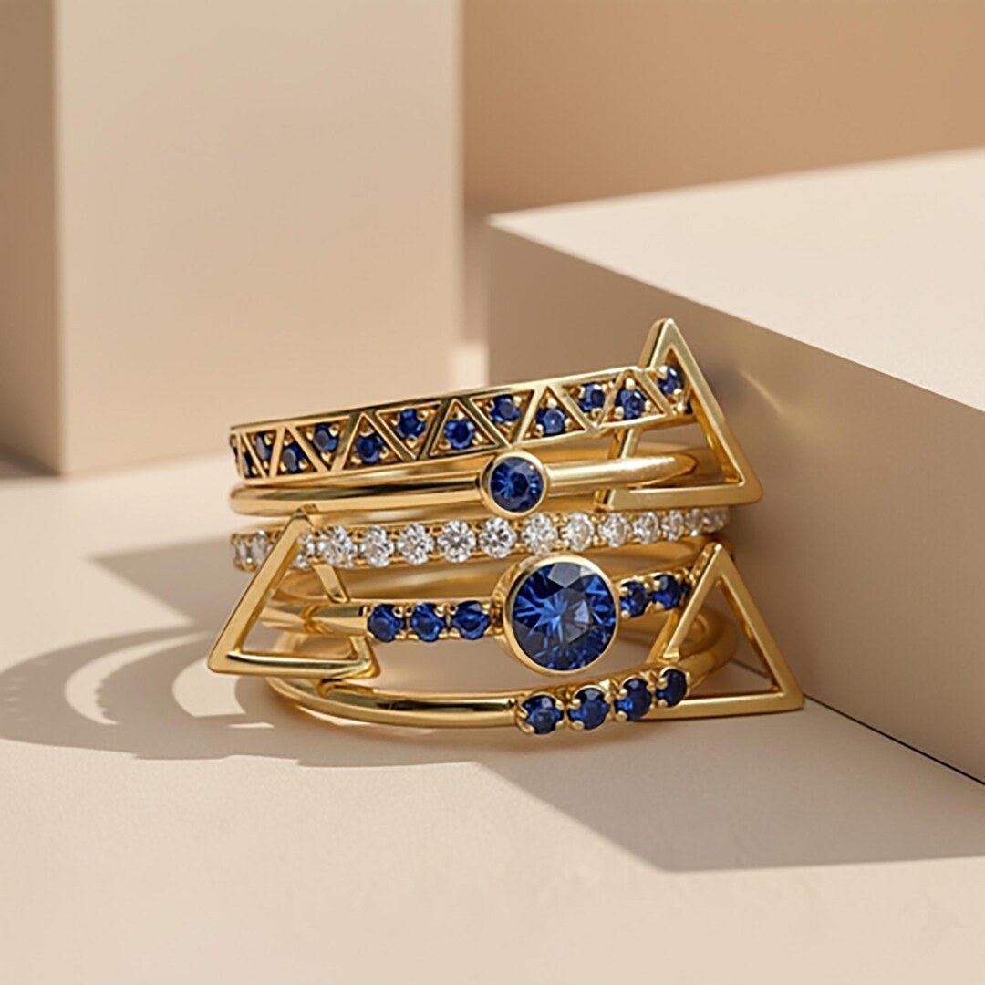 Blue Sapphire & Diamond Interlocking Five Band 14kgold Multi Linked ...