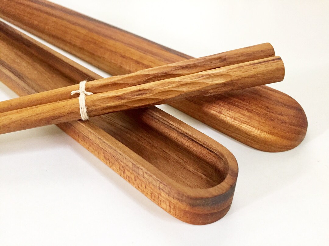 Teak Wood Chopstick Box With 1 Pair of Handcarved Chopsticks, Teak Wood ...