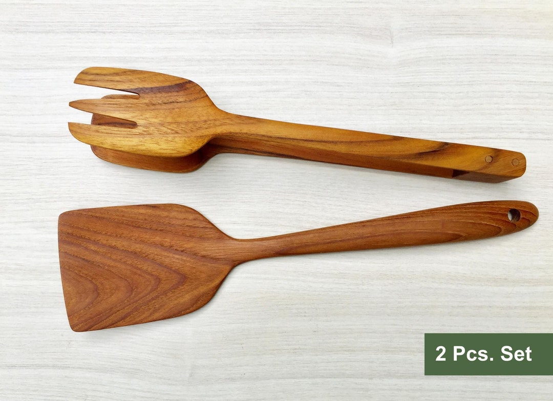 Set of 2 Teak Kitchen Utensils, 12 Teak Wood Spatula, Teak Wood Tongs ...