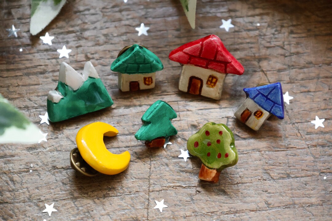 Handmade Clay PINS House Brooch / Tree / Fir Tree / Mountain / Moon - Etsy
