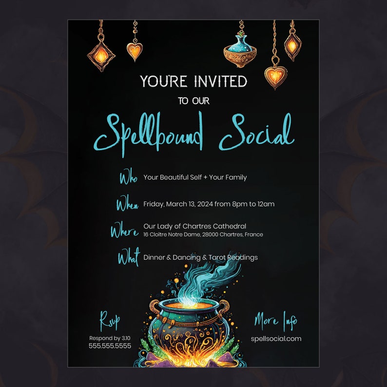 Witch Cauldron, Magical Spell Black, Custom Birthday Party Invitation ...