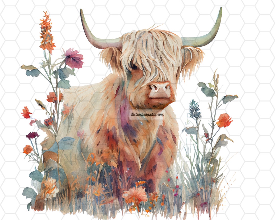 Highland Cow Sublimation Country Western Floral Sublimation Watercolor ...