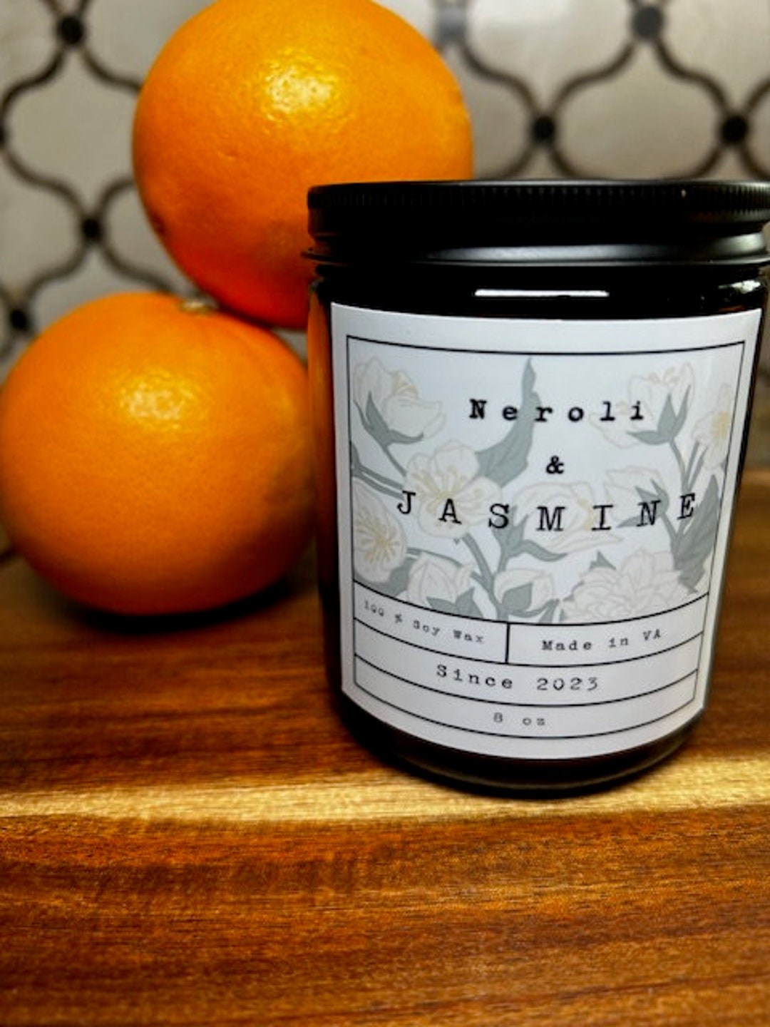 Neroli and White Jasmine 8 Oz 100% Organic Soy Wax Amber Container ...