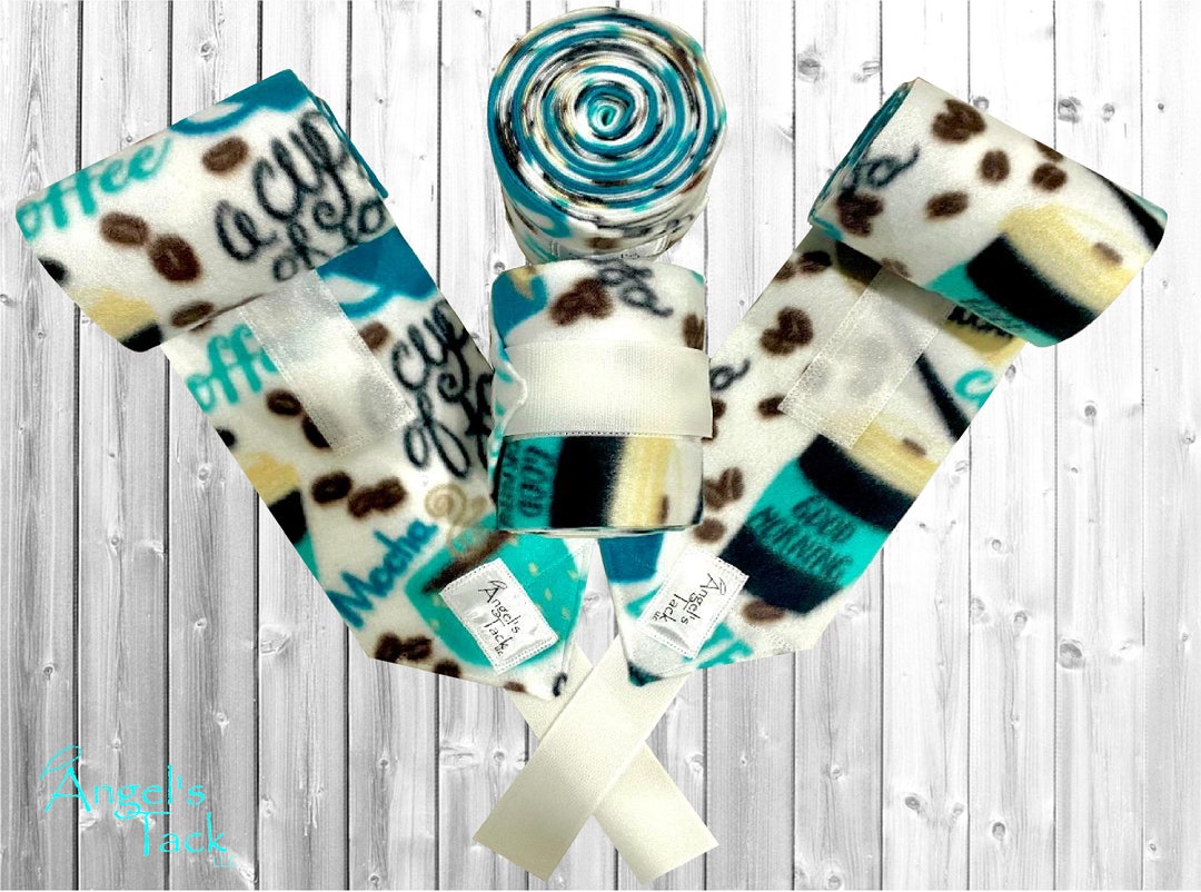 Java Polos White and Teal Coffee Print Horse Size Fleece Polo Wraps Set ...