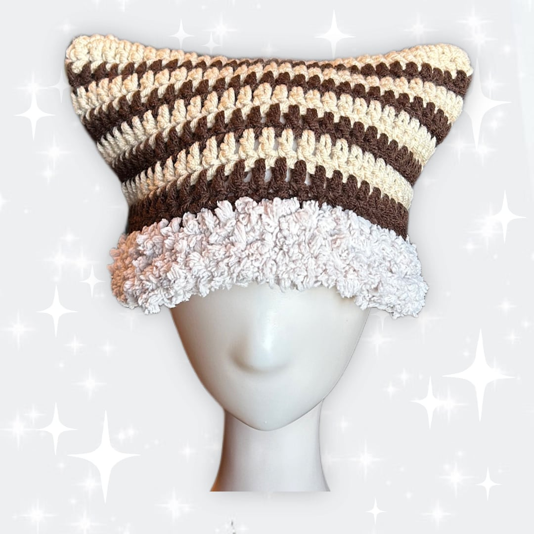 Brown and Beige Striped Fur Brim Cat Beanie - Etsy