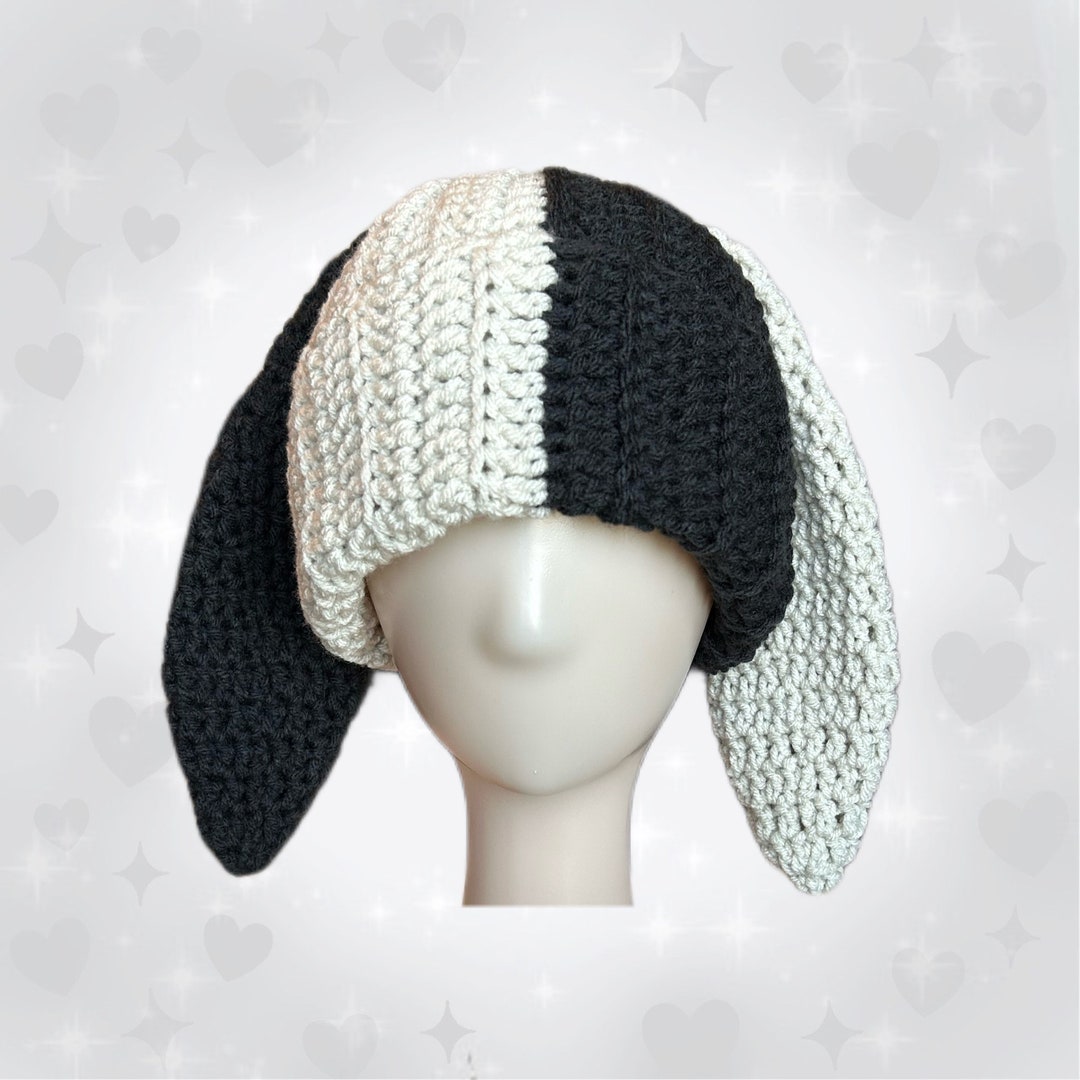Crochet Black Grey Split Color Bunny Ear Beanie - Etsy