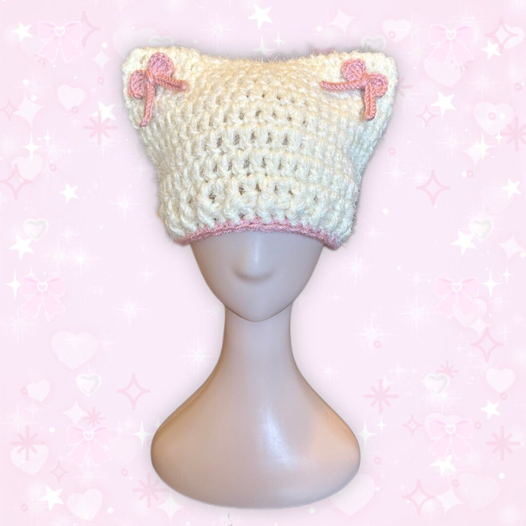 Pink Bow Cream Cat Beanie - Etsy