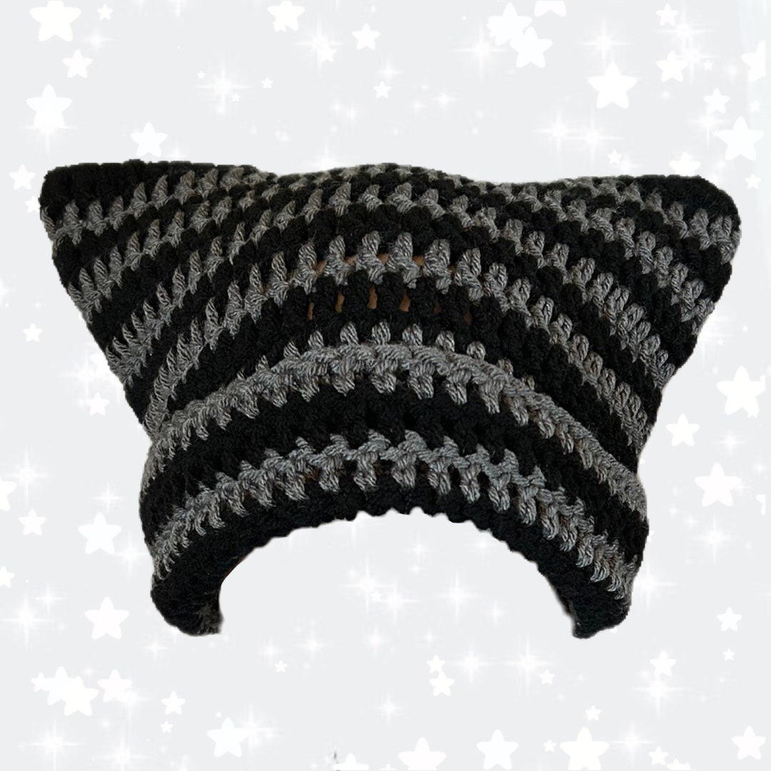 Grey Black Striped Crochet Cat Ear Beanie - Etsy
