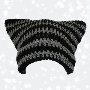 Grey Black Striped Crochet Cat Ear Beanie - Etsy
