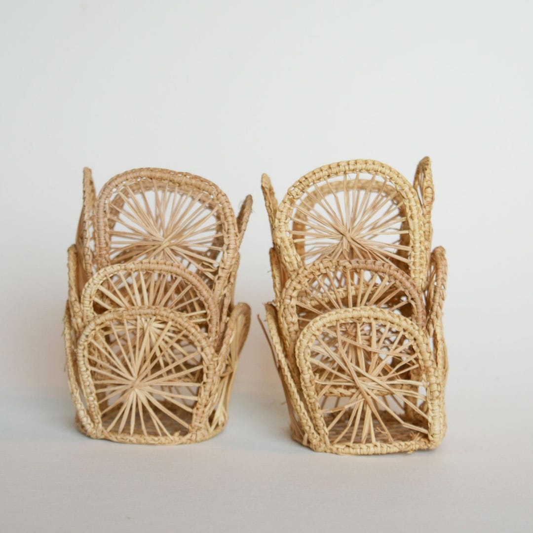 Set of 6 Vintage Wicker Glass Holders, Wicker Coasters, Set of Wicker ...