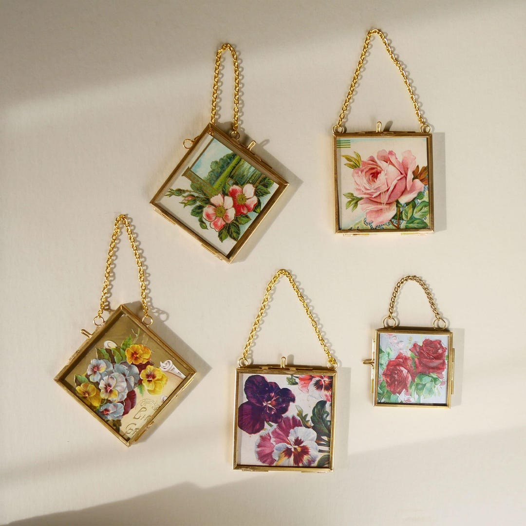 Gold Double Glass Hanging Diamond Frame With Vintage Floral Post Cards ...