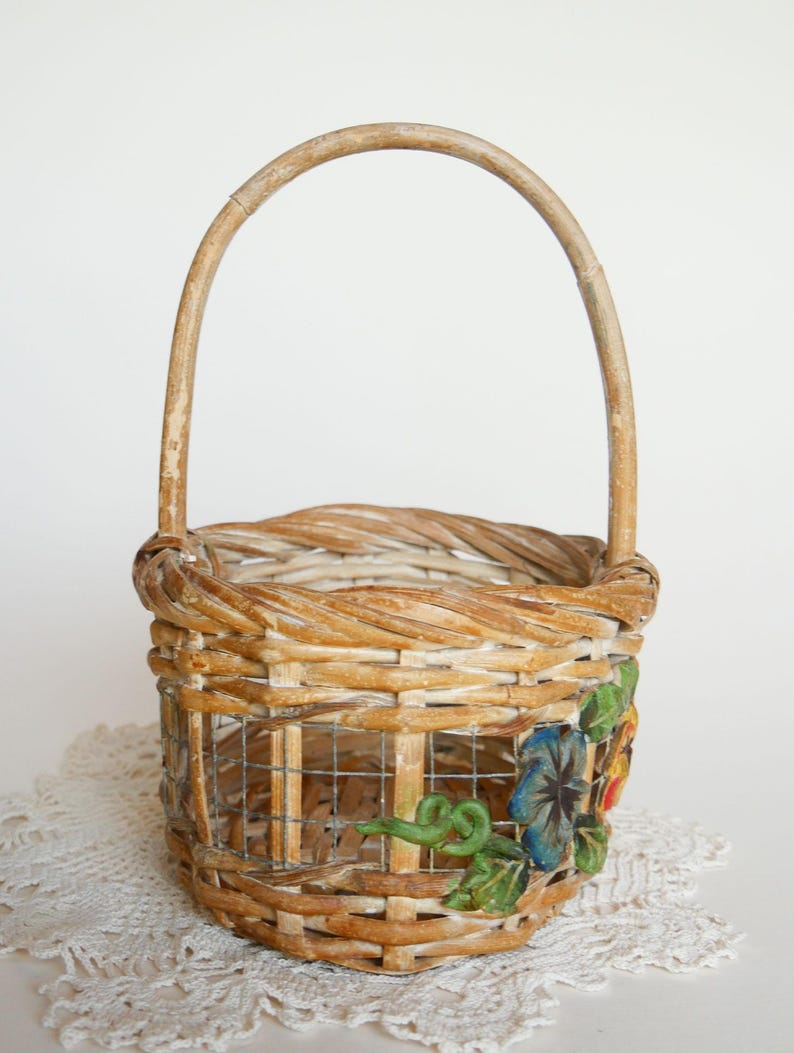 Vintage Painted Floral Wicker Basket: Cottagecore Decor - Etsy
