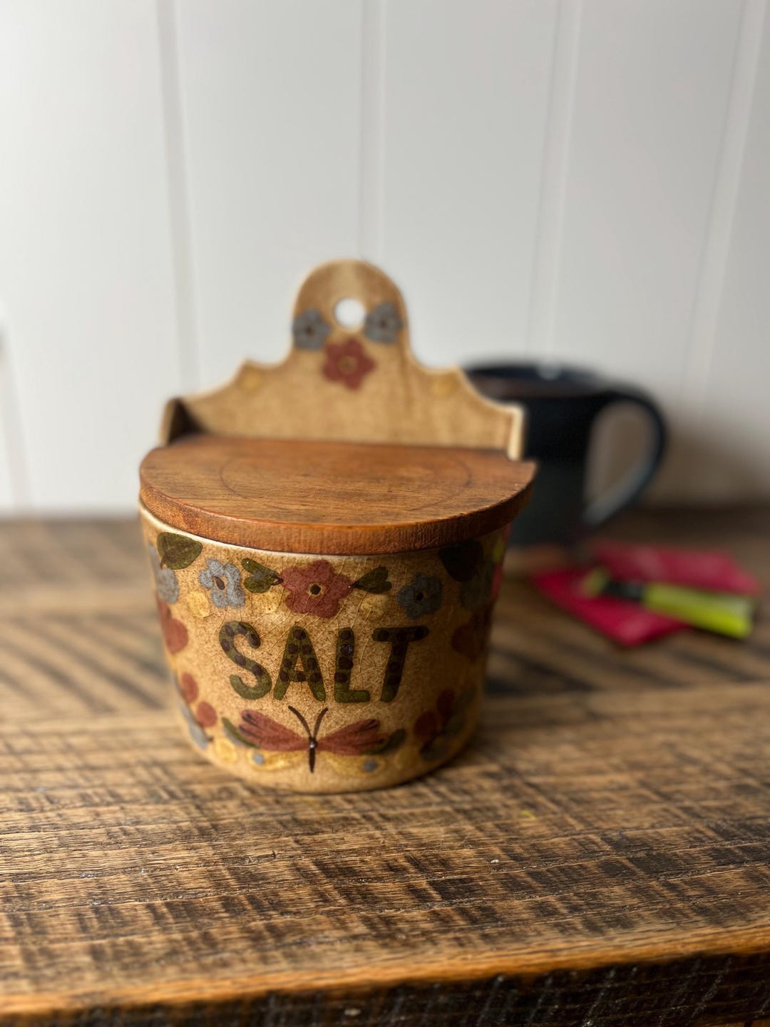 Vintage Ceramic and Wood Salt Box, California Cleminsons Pottery Salt ...