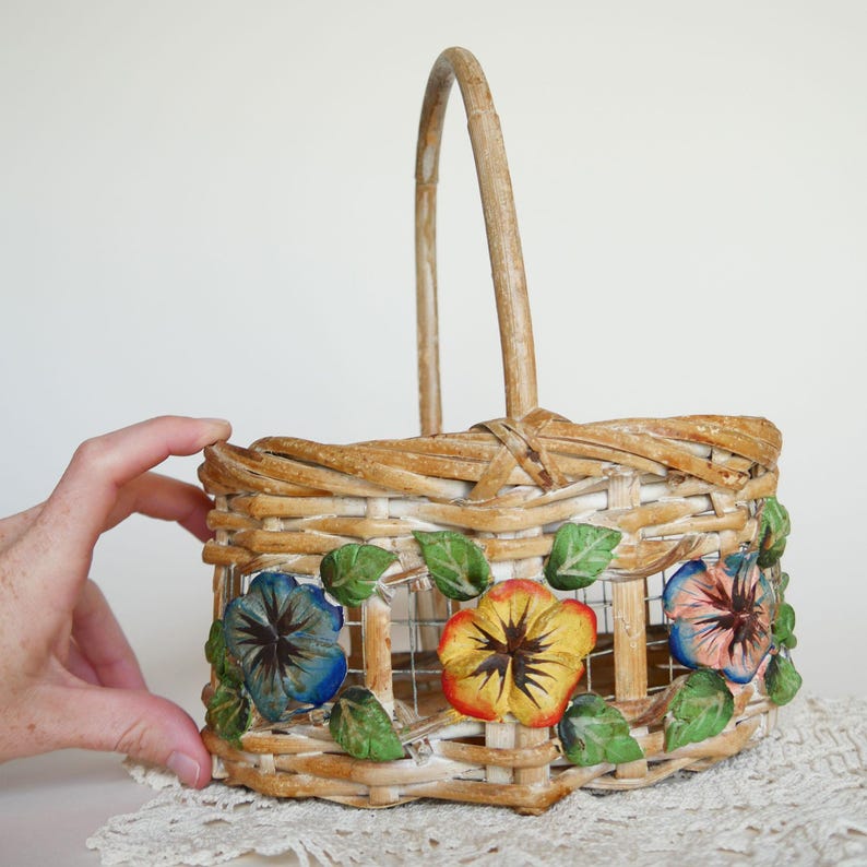 Vintage Painted Floral Wicker Basket: Cottagecore Decor - Etsy
