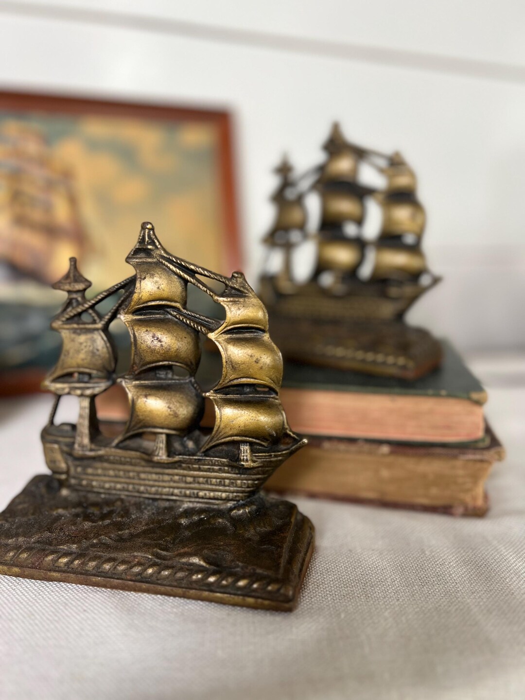 Mid-19th Century Clipper Ship Cast Iron Bookends, Wooden Carved Sea ...