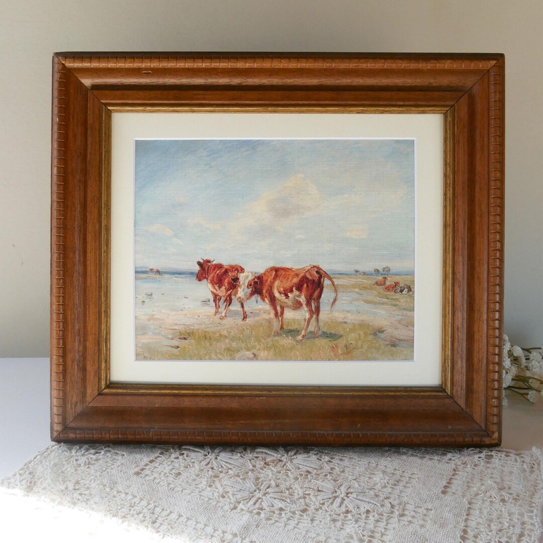 Vintage Wooden Frame With Red Cows in Meadow Print 15x13, Farmhouse ...