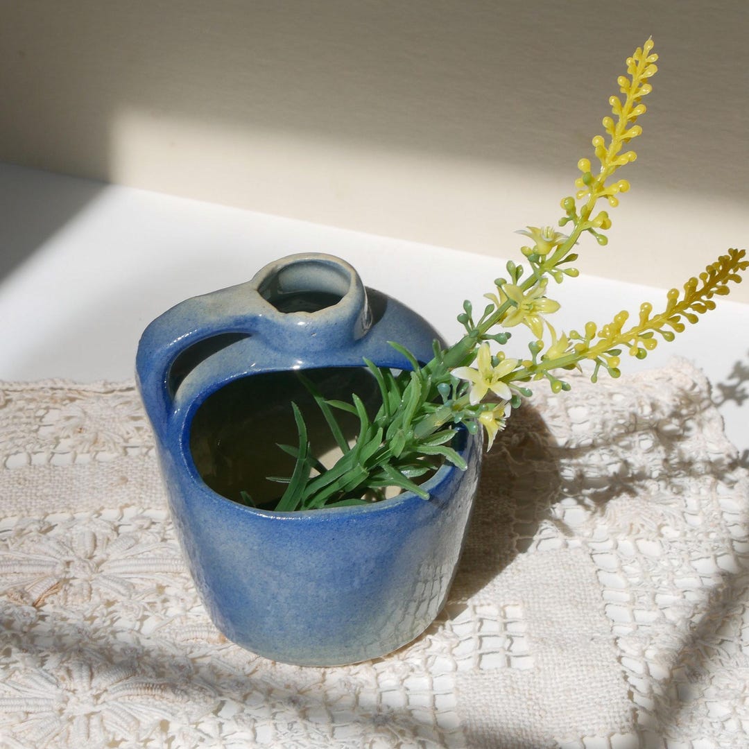 Mini Blue Handled Crock Planter, Blue Planter Stoneware, Blue Crock ...