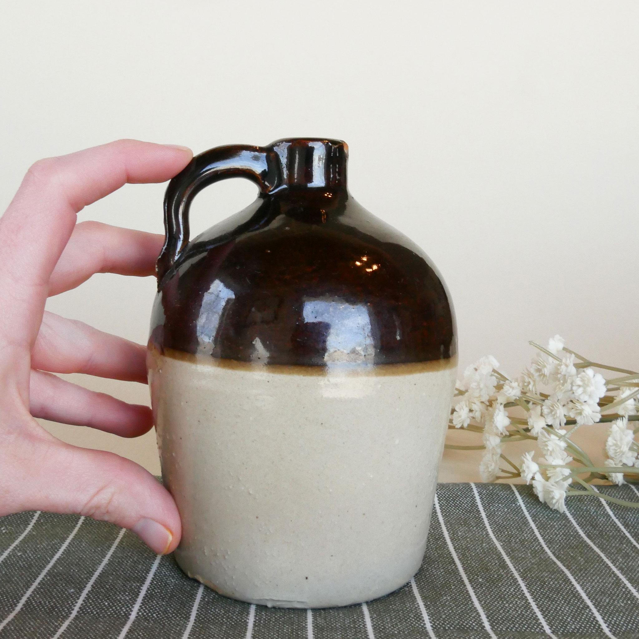 Small 5.5in Brown and Tan Handle Crock, Vintage Two Tone Stoneware ...