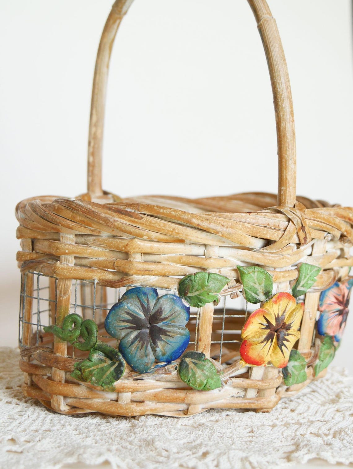 Vintage Painted Floral Wicker Basket: Cottagecore Decor - Etsy