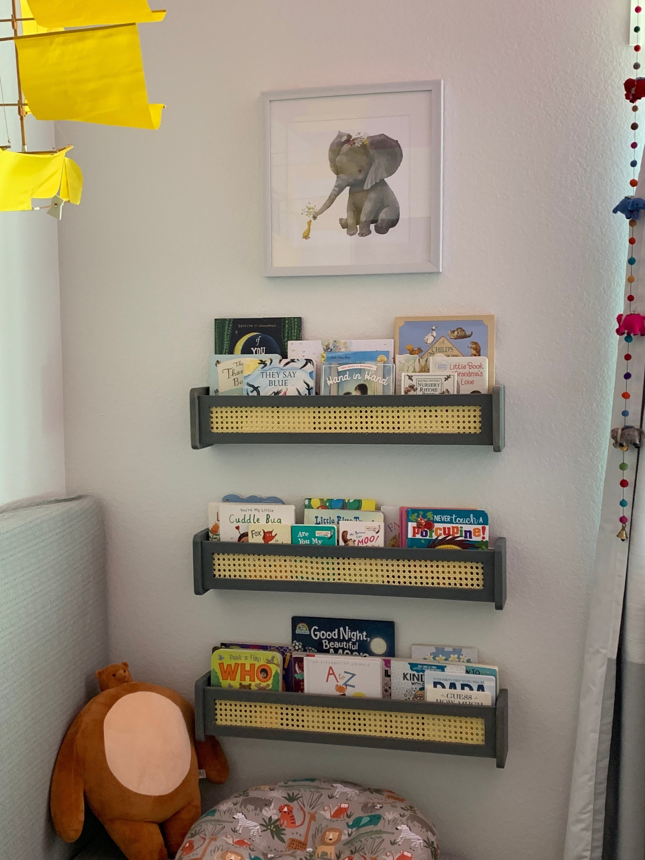 Floating Nursery Cane Rack, Wall Mounted Kids Rattan Bookshelf, Nursery ...