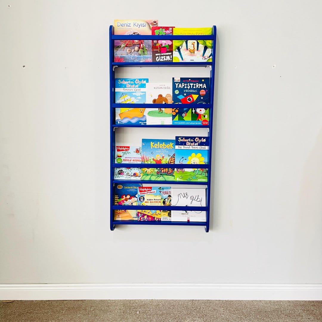 Baby Boy Navy Blue Wall Mounted Bookshelf, Montessori Blue Color Book ...