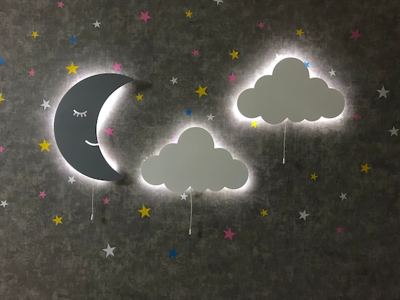 Nursery Wall Light Kids Room Lighting /1 MOON 2 CLOUDS/ - Etsy