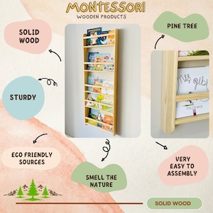 5-tier Narrow Tall Montessori Kids Bookshelf, Handmade Natural Wood ...