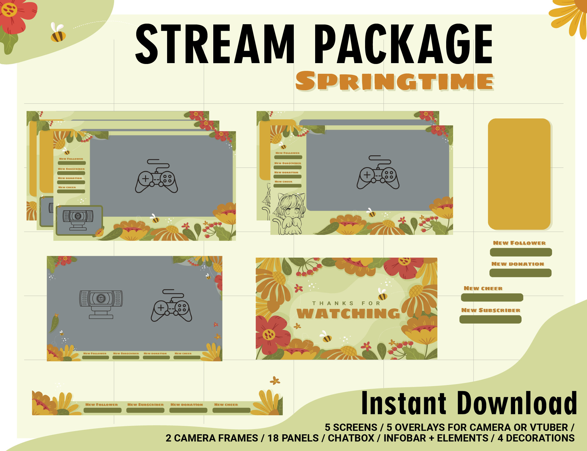 Spring Twitch Overlay Package | Customizable Flower Stream Package ...