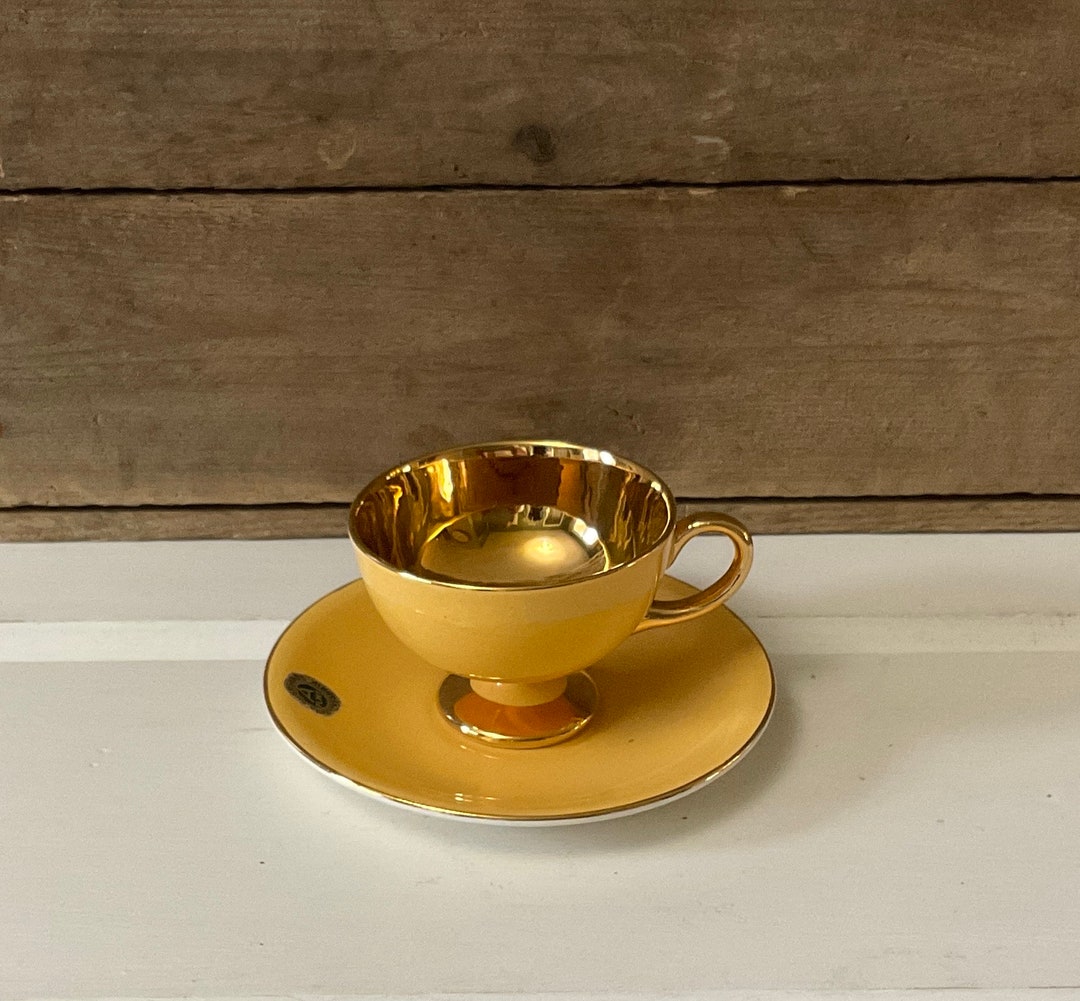 Yellow Flint Demitasse Pedestal Cup and Saucer Egersunds Fayance Gold ...