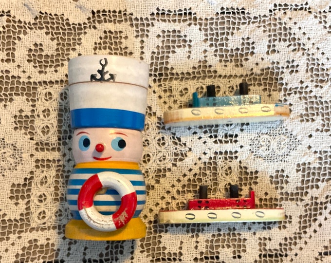 Vintage Wooden Toy Sailor With Boats, 4” Wooden Nesting Doll With ...