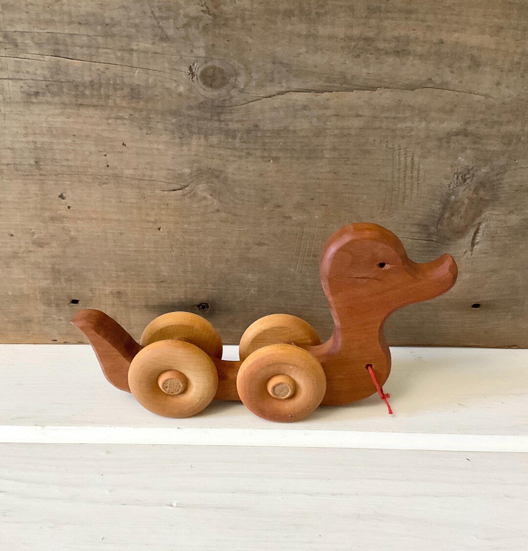 Vintage Wooden Duck Pull Toy, Two-tone All Wood With 4 Wheels, 9x4x2 ...