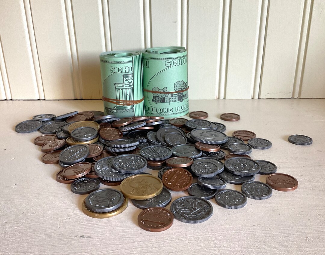 Vintage Play Money Set Coins and Bills Plastic and Paper Dollars ...