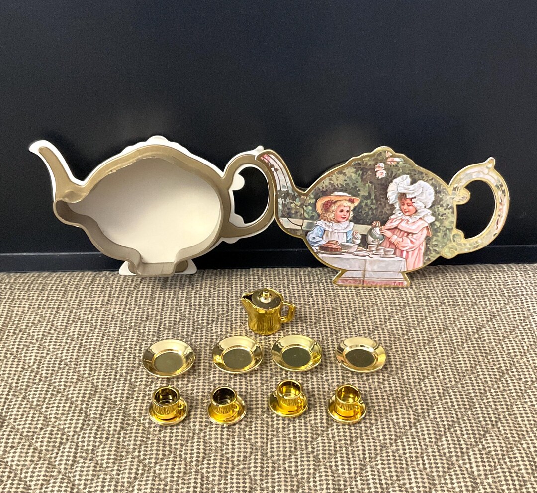 Vintage Box Tea Pot Shape With Miniature Gold Plastic Tea Set, Service ...