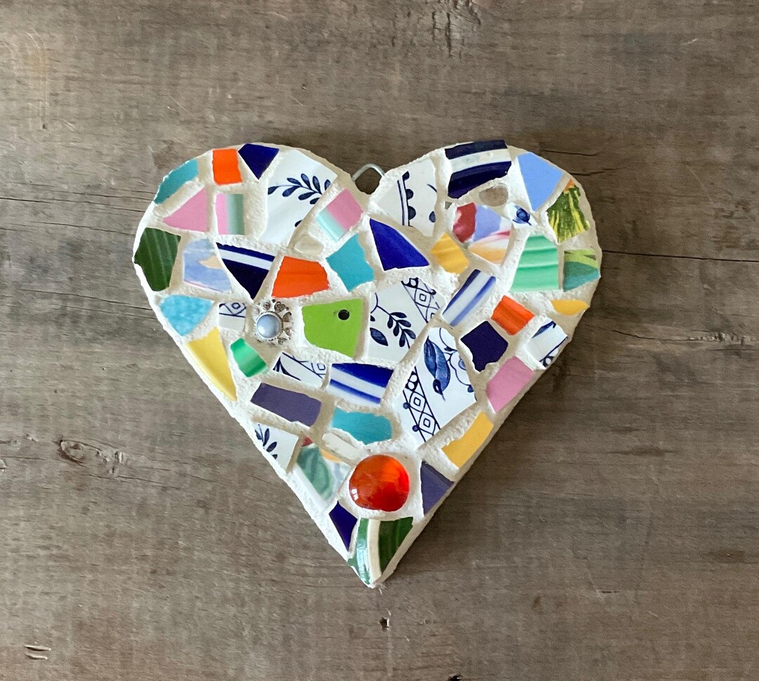 Mosaic Heart Wall Hanging, Studio Art, Broken Dishes and Glass Baubles ...