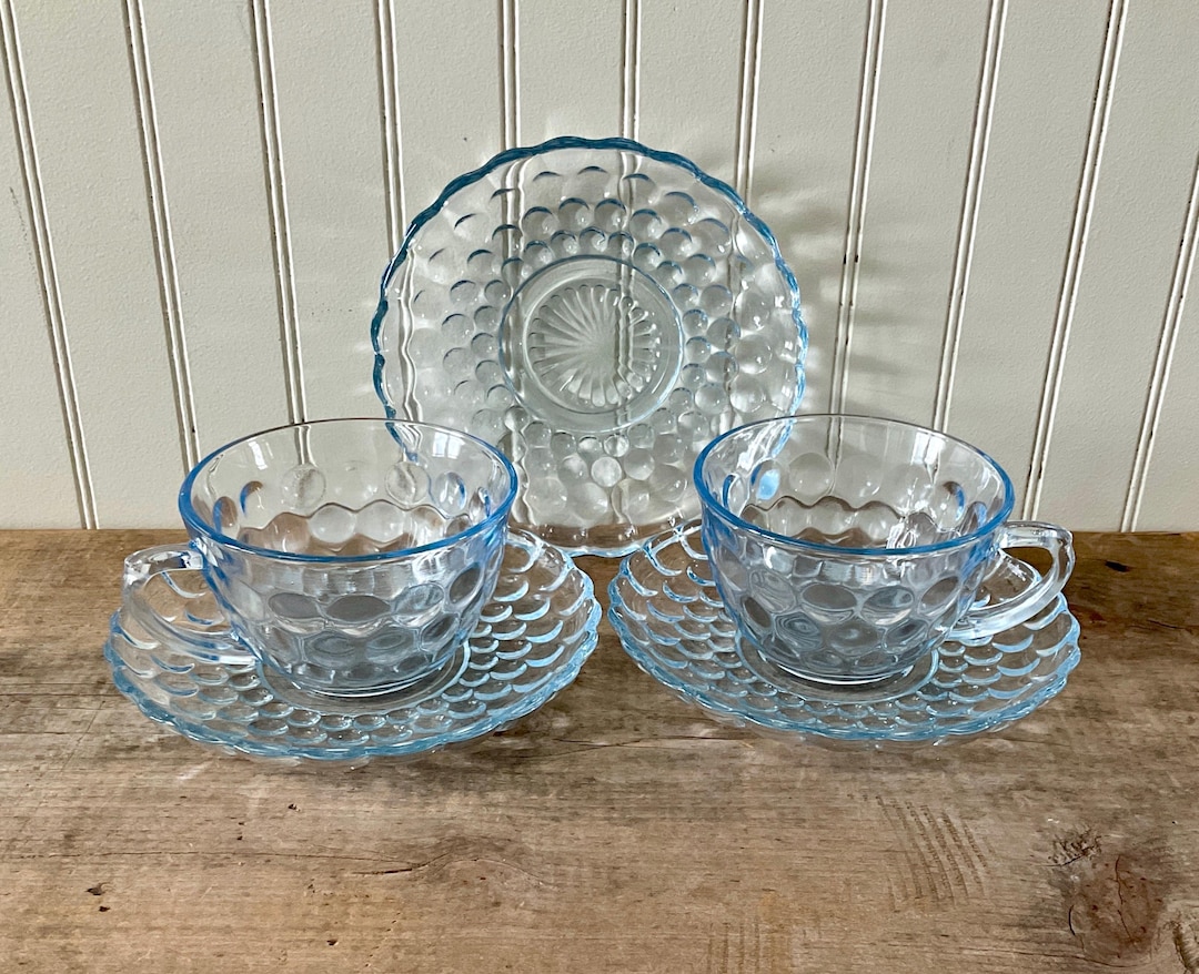 Blue Bubble Glass Cup and Saucer Sets, 5-pc Lot of 1940s Anchor Hocking ...