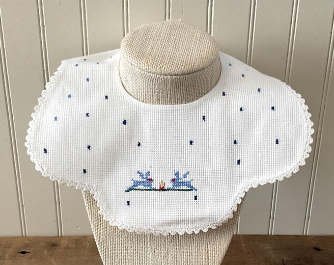 Vintage Bunny Bib White Starched Cross Stitch With Blue Bunny, Easter ...