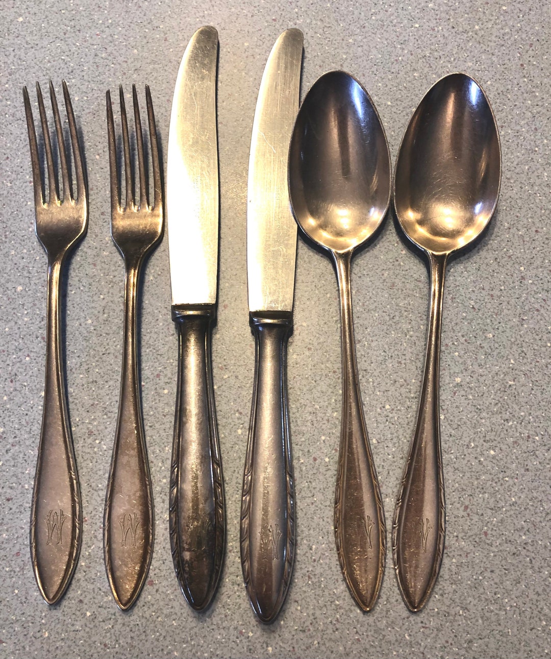 Monogram Silverware With W, Fork Knife and Spoon Set of 2 Each, Silver ...
