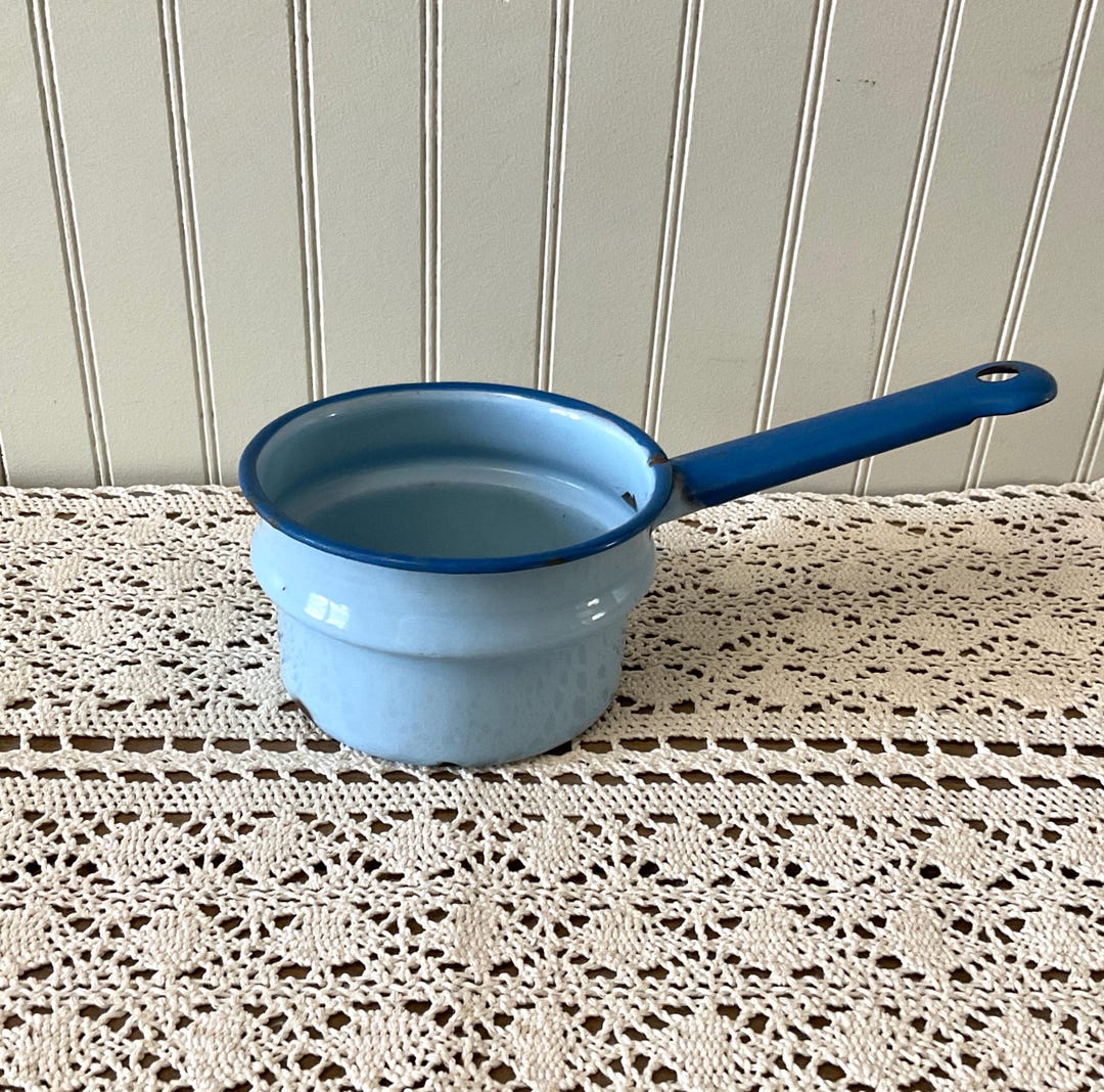 Vintage Small Enamel Pot, 4x8” Metal Double Boiler Upper Top Pan, Light ...