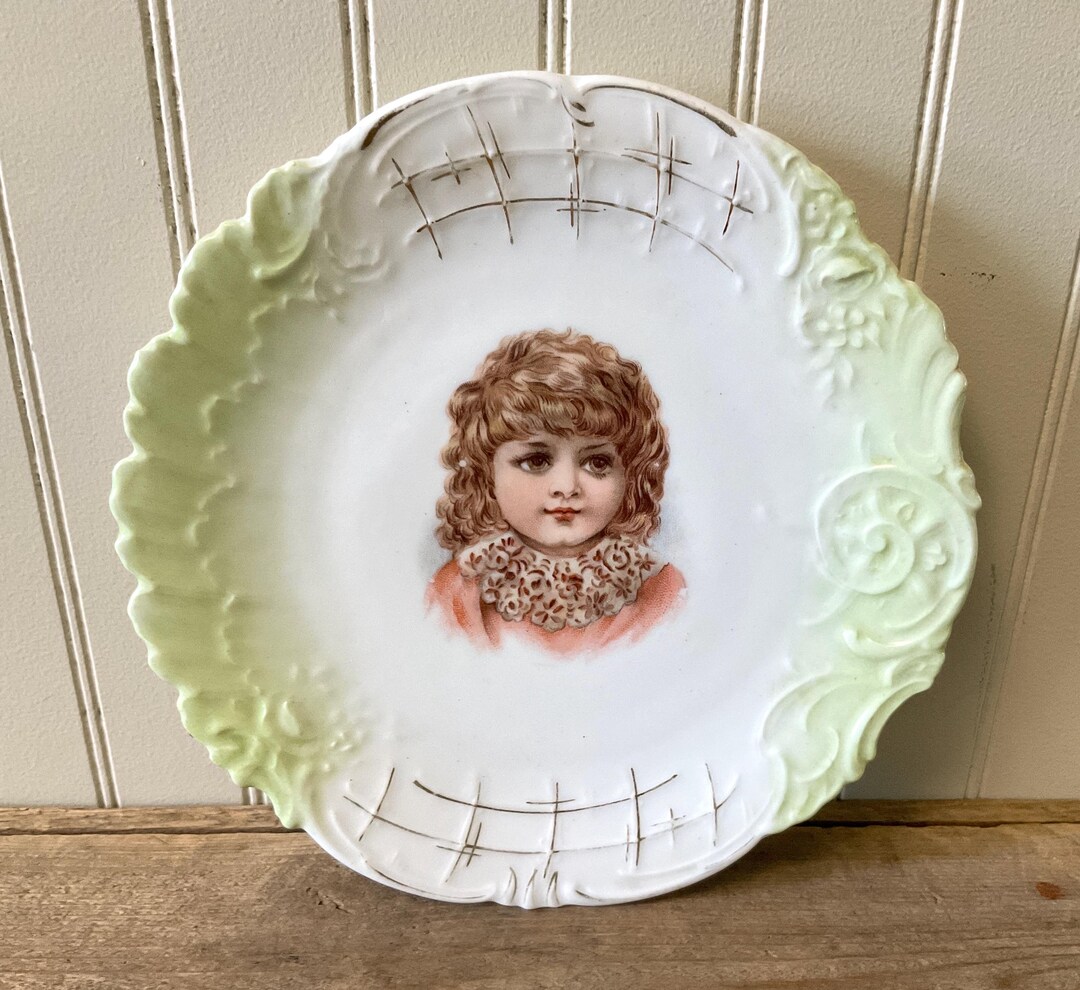 Victorian Child Plate, Antique Decor, White and Green W Gold Trim, 19th ...