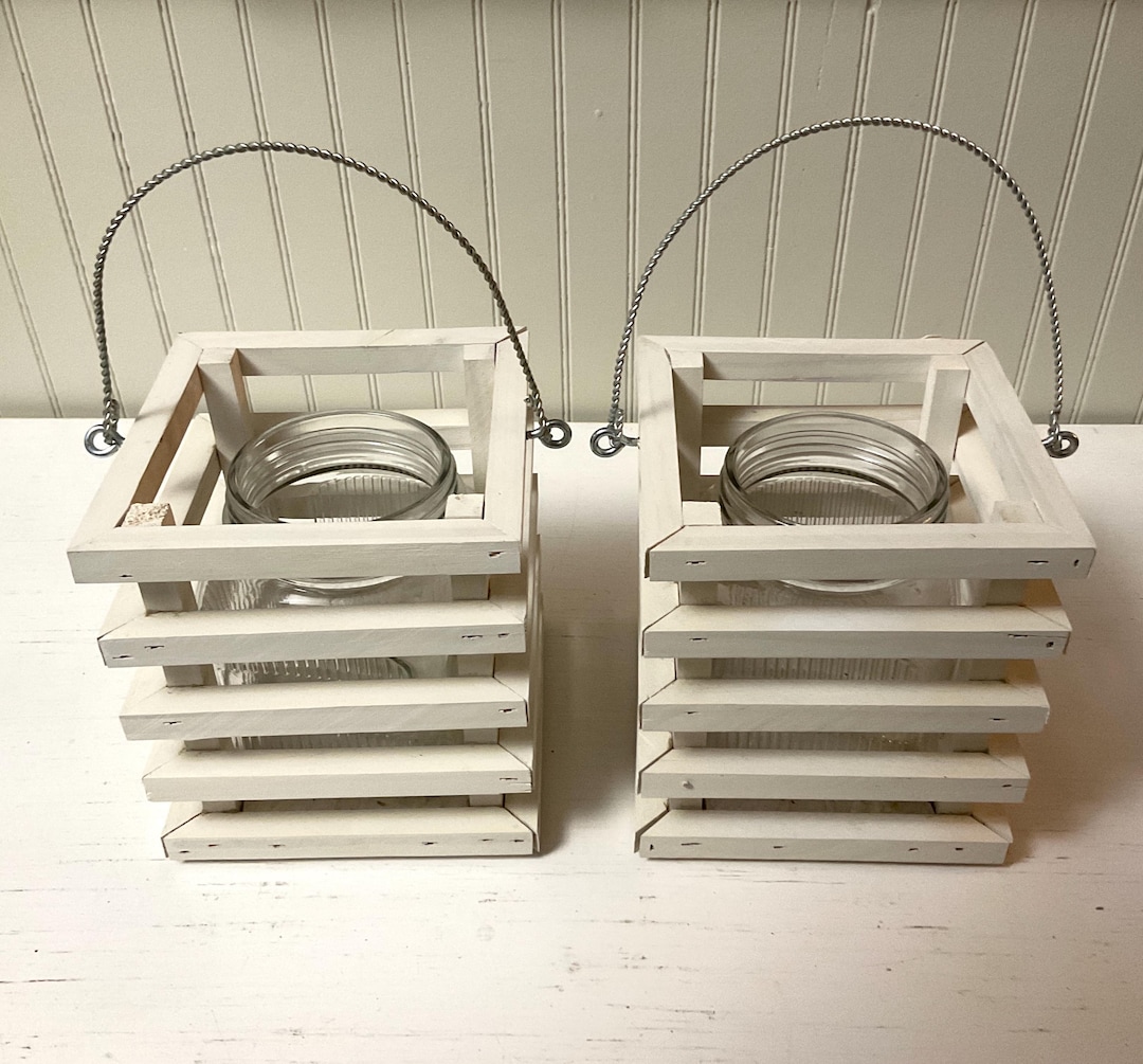 White Wood Slat Lantern Set of 2 Beach House Candle Holder W Handle ...