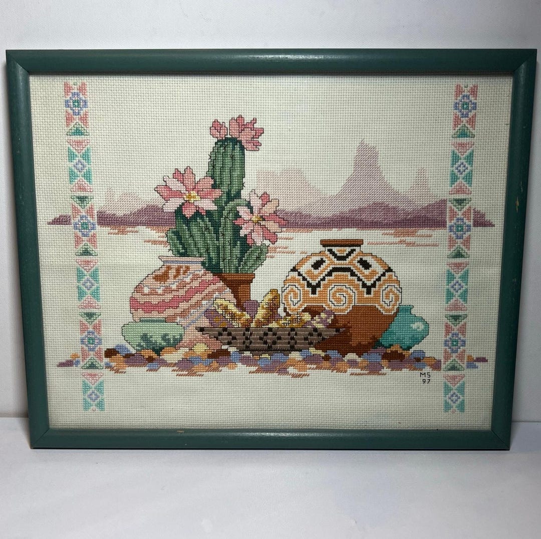 Vtg 90s Dimension Taste of Southwest Framed Cross Stitch Completed ...