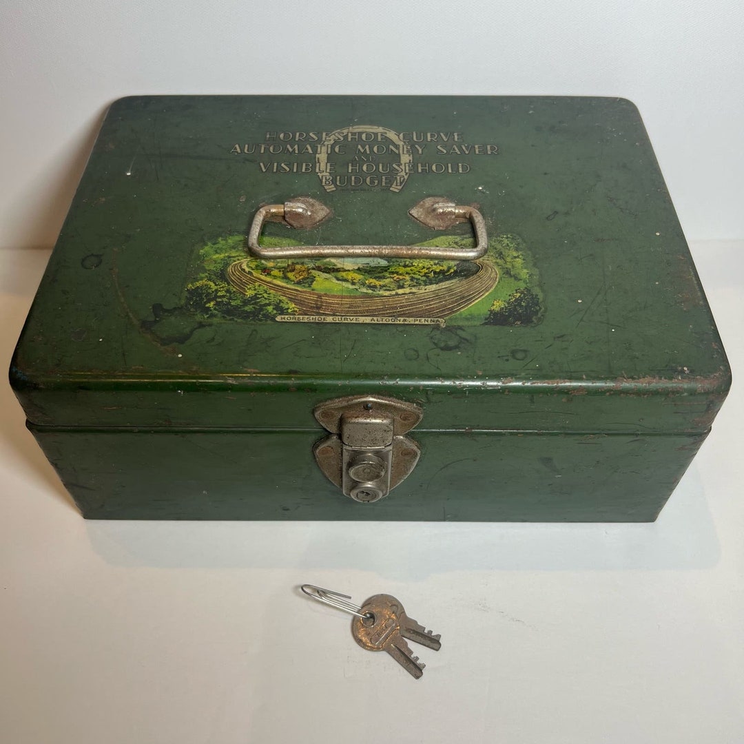 Vintage 40s 50s Horseshoe Curve Metal Money Saver Lock Box Altoona ...