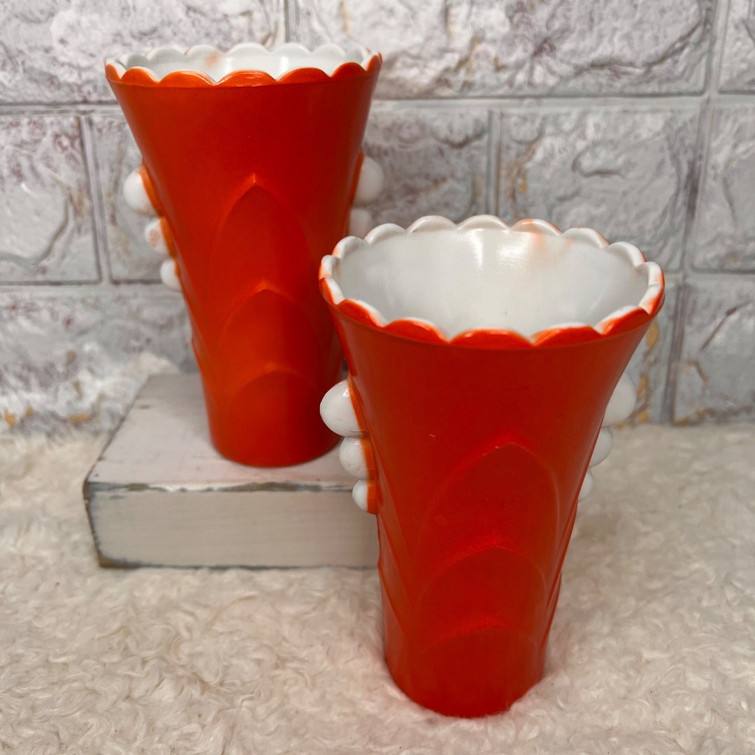 Anchor Hocking Fire King Art Deco Vases Orange White Scallop Handles ...