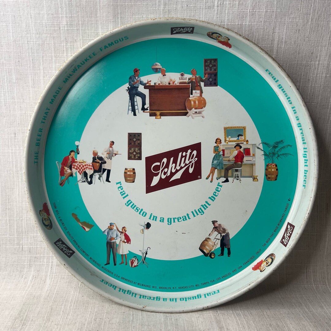 Vintage 60s Schlitz Litho Tin Metal Beer Tray MCM Barware Advertising ...