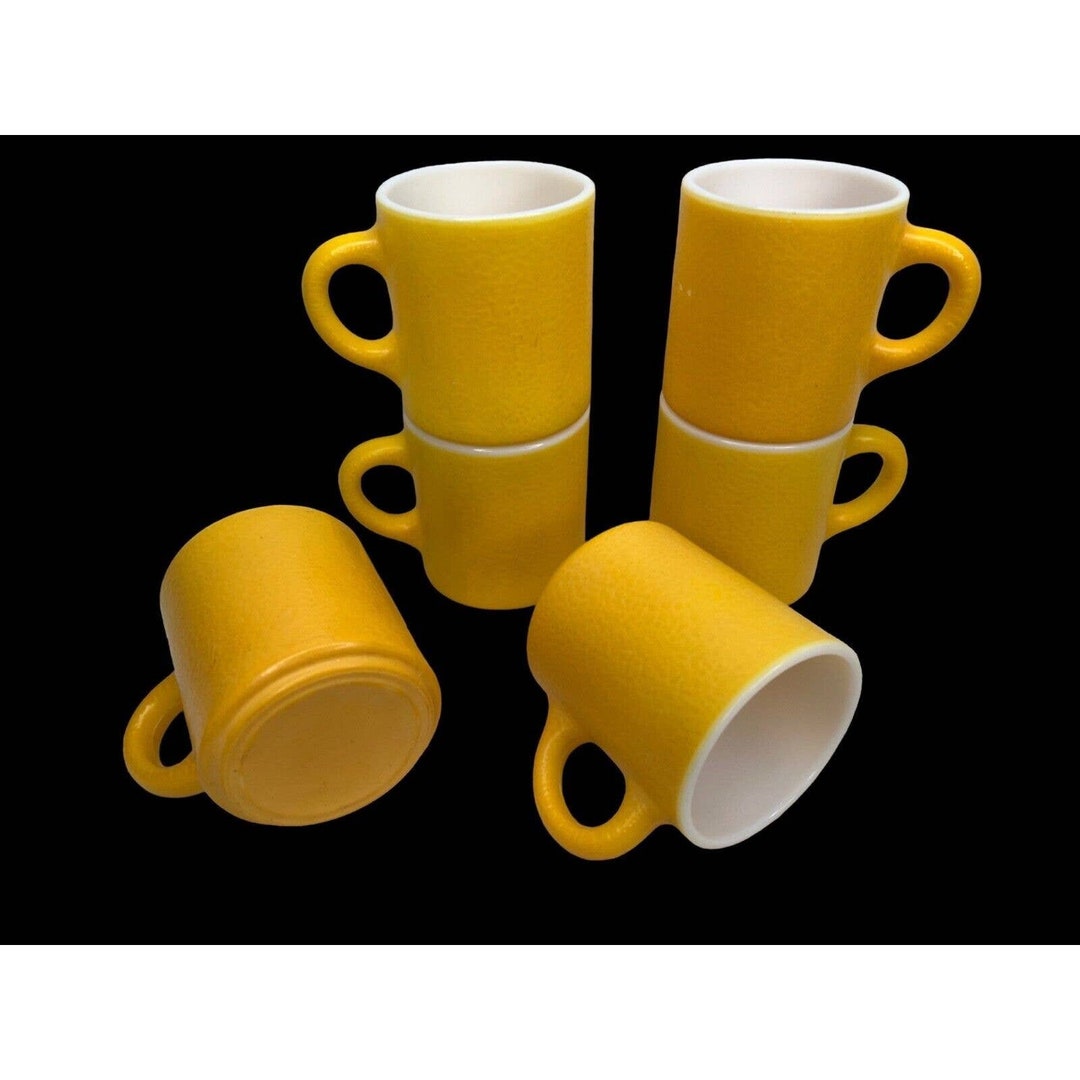 Vintage 70s Yellow Hazel Atlas Cups Set of 6 Milk Glass Mugs MCM Diner ...