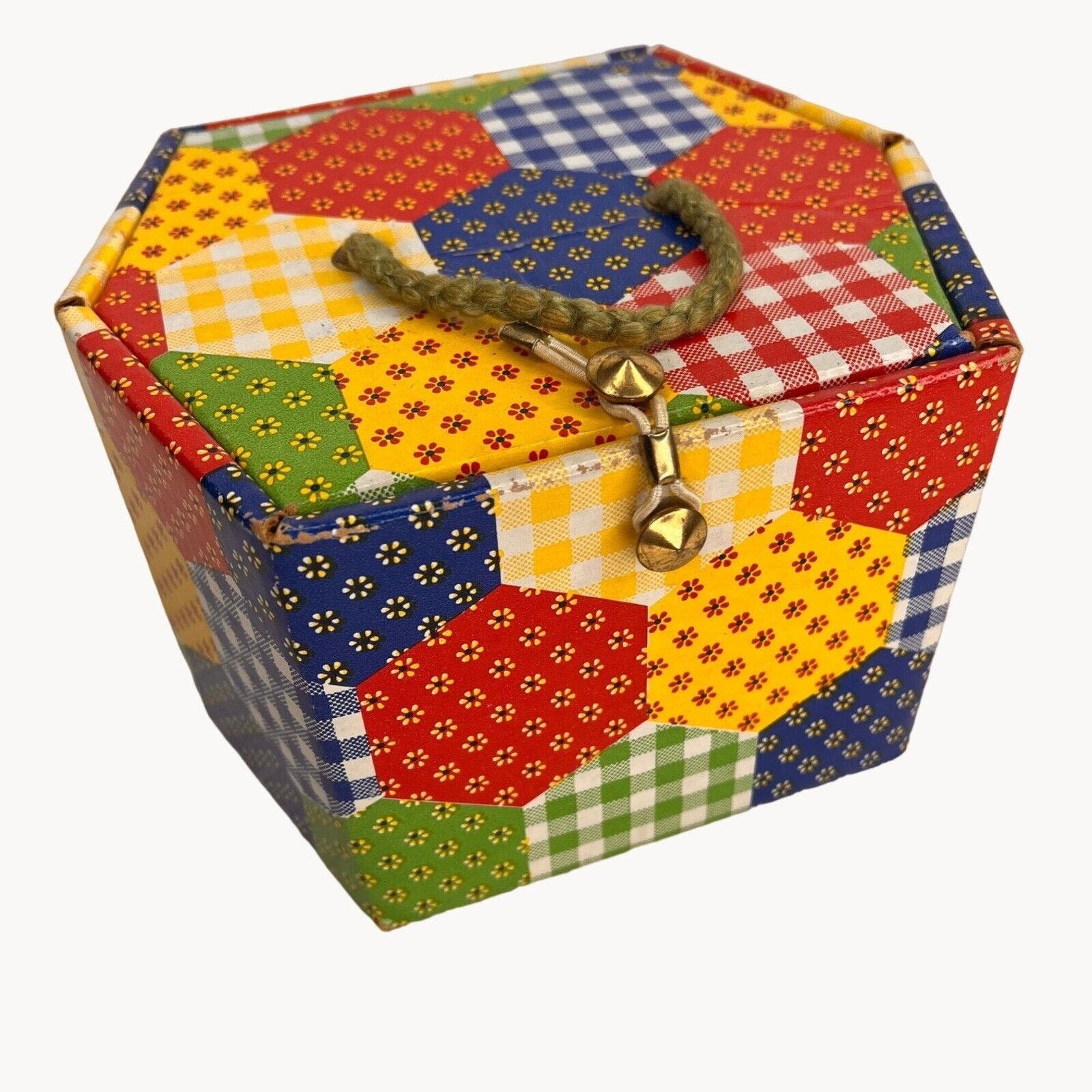Patchwork Print Sewing Box With Tray Vintage 70s Hexagon Shape Storage ...